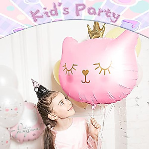 BlingABC Pink Cat Balloons 5Pcs, Large 20Inch Crown Kitty Cat with 30Inch Pink Bow Balloons for Girls Kitten Animal Themed Baby Shower Birthday Decoration Party Supplies