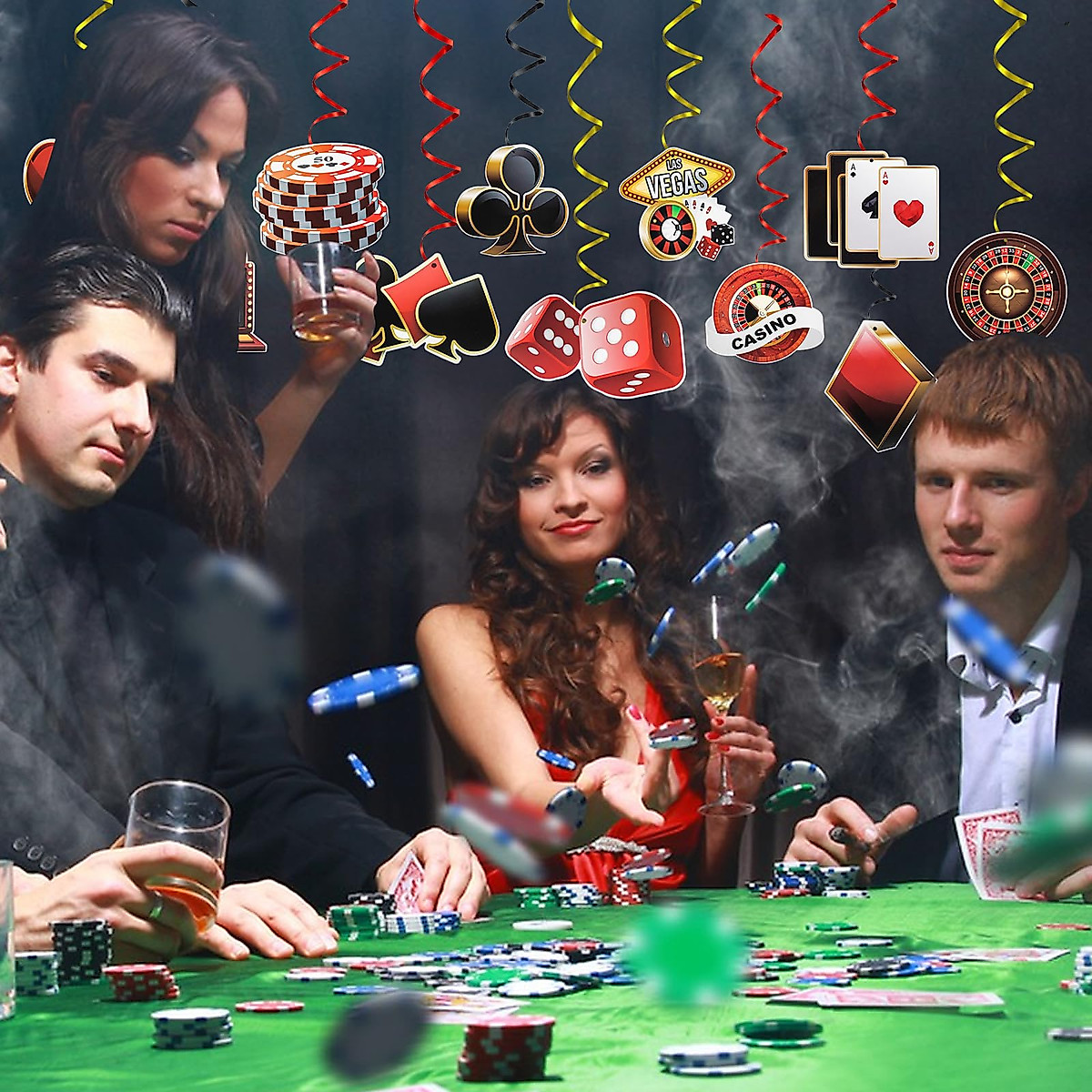 24PCS Casino Theme Hanging Swirls Decorations, Las Vegas Poker Party Supplies Ceiling Hanging Swirls for Casino Poker Games Night Birthday Party Decorations