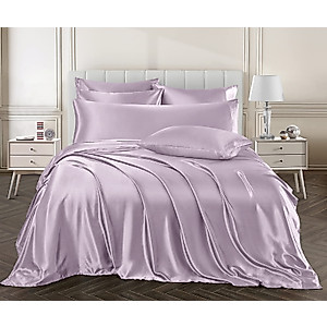 Ersmak 7 Pieces Satin Sheets Set Full Size, Luxury Silky Lavender Satin Bed Sheets Set with 1 Deep Pocket Fitted Sheet, 1 Soft Flat Sheet, 4 Queen Pillowcases and 1 Body Pillowcase