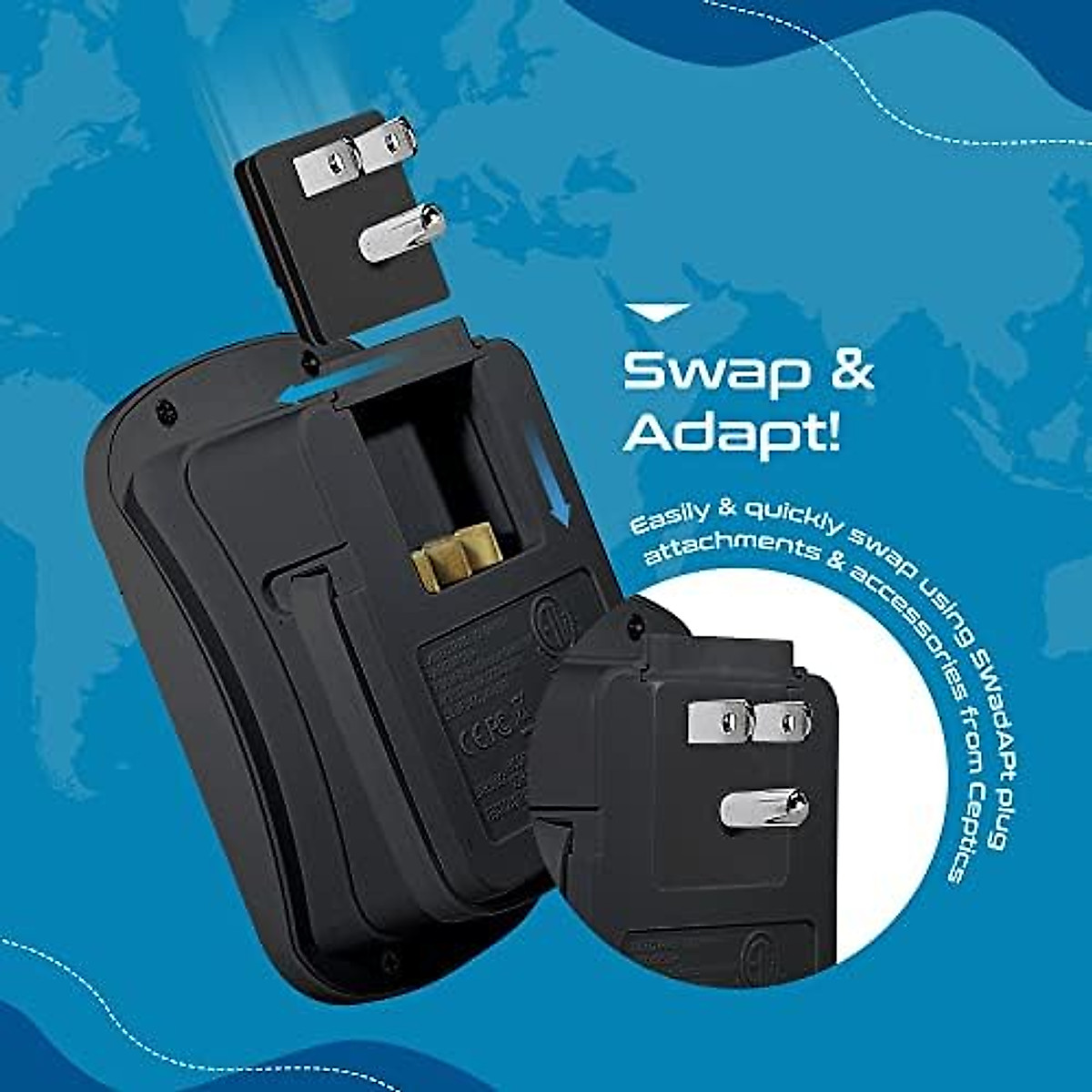 Ceptics World Travel Adapter Kit - QC 3.0 Dual USB + Dual US Outlets, Surge Protection, Perfect For Europe, UK, China, Australia, Japan, Perfect For Laptop, Cell Phones, Cameras - Safe ETL - Black