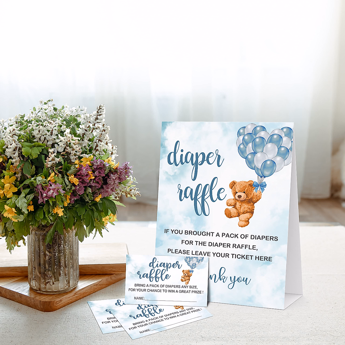Diaper Raffle for Shower, Blue Balloon Bear Cards, 1 Sign & 50 Guess Cards Kit, Party Favors, Decorations, for Shower Reveal Gender Game to Bring a Pack of Diapers - DIAPER-b007