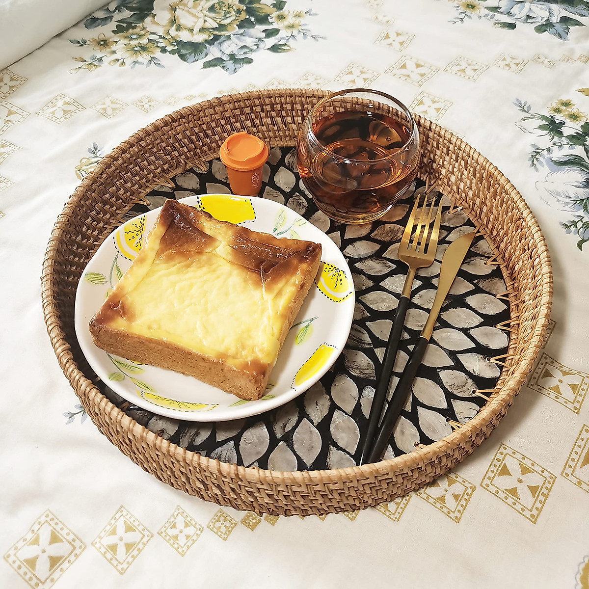 13 Inch Rattan Serving Basket with Shine MOP Black Flat Bottom, Handmade Wicker Coffee Table Serving Tray Décor Circle with 2 Inch Wall, Boho Round Woven Basket Tray for Ottoman, Vanity, Exxacttorch