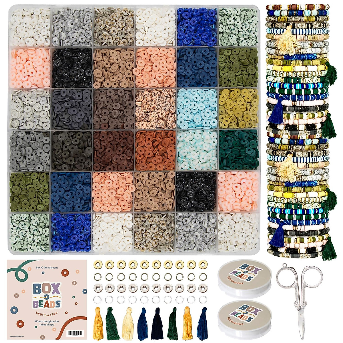 Clay Beads Bracelet Making Kit by Box-O-Beads, 6000 pcs Polymer Clay Heishi Beads for Bracelet & Jewelry Making, DIY Bracelet Making Kit for Kids & Teens Ages 8-12, 24 Earth Tone Colors, 6mm Beads
