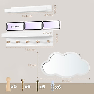COMAX Nursery Floating Book Shelves with Wall Mirror, Wall Bookshelf for Kids Room Bedroom, Hanging Nursery Book Shelves Wall Mounted Bookshelves, Hanging Baby Book Shelf Nursery Shelves White