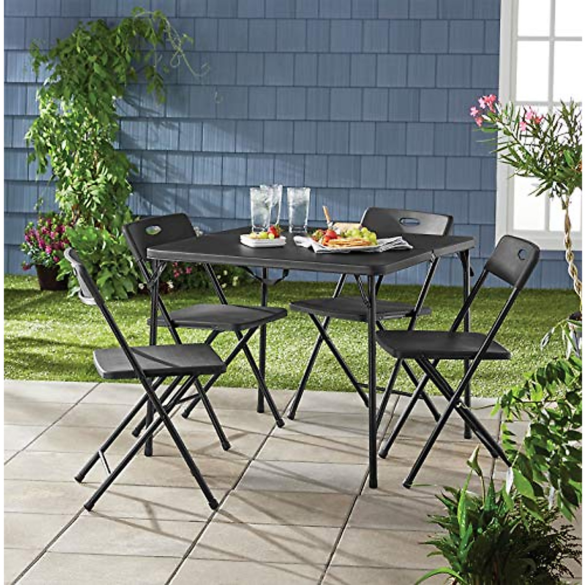 VA Mainstays 5 Piece Resin Plastic Card Table and Four Chairs Set, Black