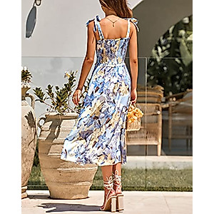 PRETTYGARDEN Women Summer Dresses 2023 Tie Strap Square Neck Smocked Ruffle Flowy Floral Print Boho Maxi Cocktail Dress(Floral White Blue,Large)