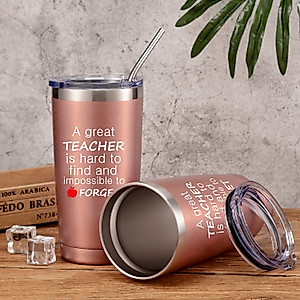 2 Pack Thank You Teacher Appreciation Gifts for Women Teacher, a Great Teacher Is Hard to Find and Impossible to Forget Coffee Cup Travel Mug for Christmas, 20 oz Vacuum Insulation Tumbler (Rose Gold)