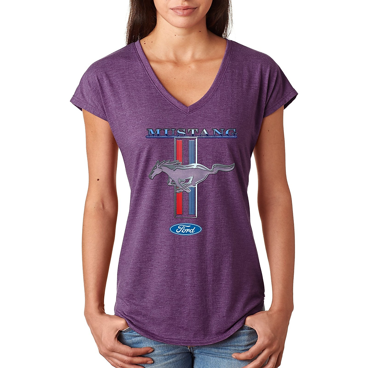 Ladies Ford Mustang T-Shirt Stripe Triblend V-Neck