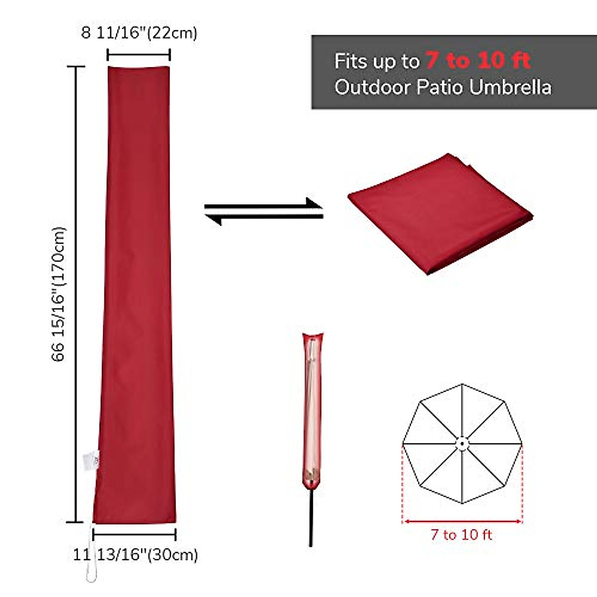 Yescom Outdoor Patio Umbrella Protective Cover Bag 180gsm Polyester Fabric fits 5' 6' 7' 8' 9' 10' Umb Garden Red