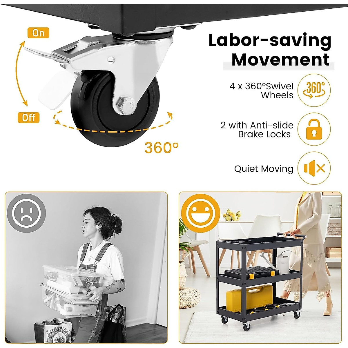 ERGOMASTER 3 Tier Rolling Tool Cart on Wheels, Heavy Duty Metal Service Cart with Lockable Wheels,330lbs Load Capacity Utility Cart for Garage, Warehouse, Workshop(Black)