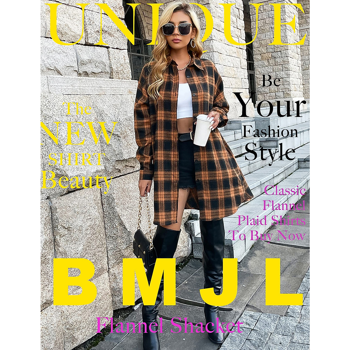 BMJL Womens Button Down Flannel Shirts Oversized Buffalo Plaid Shacket Long Sleeve Shirt Dress Long Jacket Coat Fall Tops fashion 2023(Brown, M)