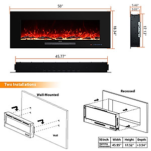 Oxhark Flame 50 inch Electric Fireplace, Wall Mounted and Recessed Fireplace Insert with Remote Control, 13 Flame Effects, 5 Brightness, Realistic Logs & Crystals, 1500W(5100BTU), Timer, Black