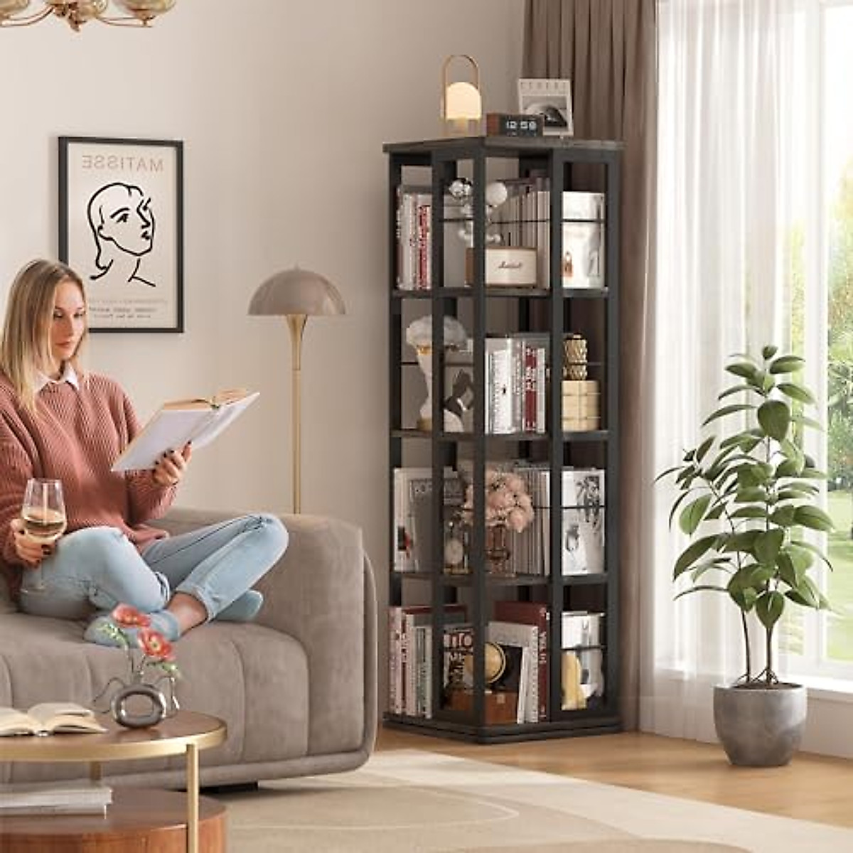 Aheaplus Rotating Bookshelf, Corner Bookshelf, 360 Display Wood Spinning Bookshelf, Floor Standing Bookcase Narrow Shelf Revolving Organizer Storage Rack for Small Space, Bedroom, Study Room, Grey Oak