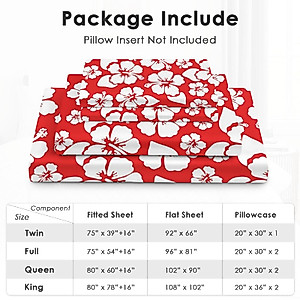 Pinbeam 4 Pcs Fitted Sheet Set Queen Size with Deep Pocket, Hibiscus Hawaiian Red Bedding Set with Pillowcase for Kids and Adults, Flower Hawaii Floral Flat Bed Sheet Set