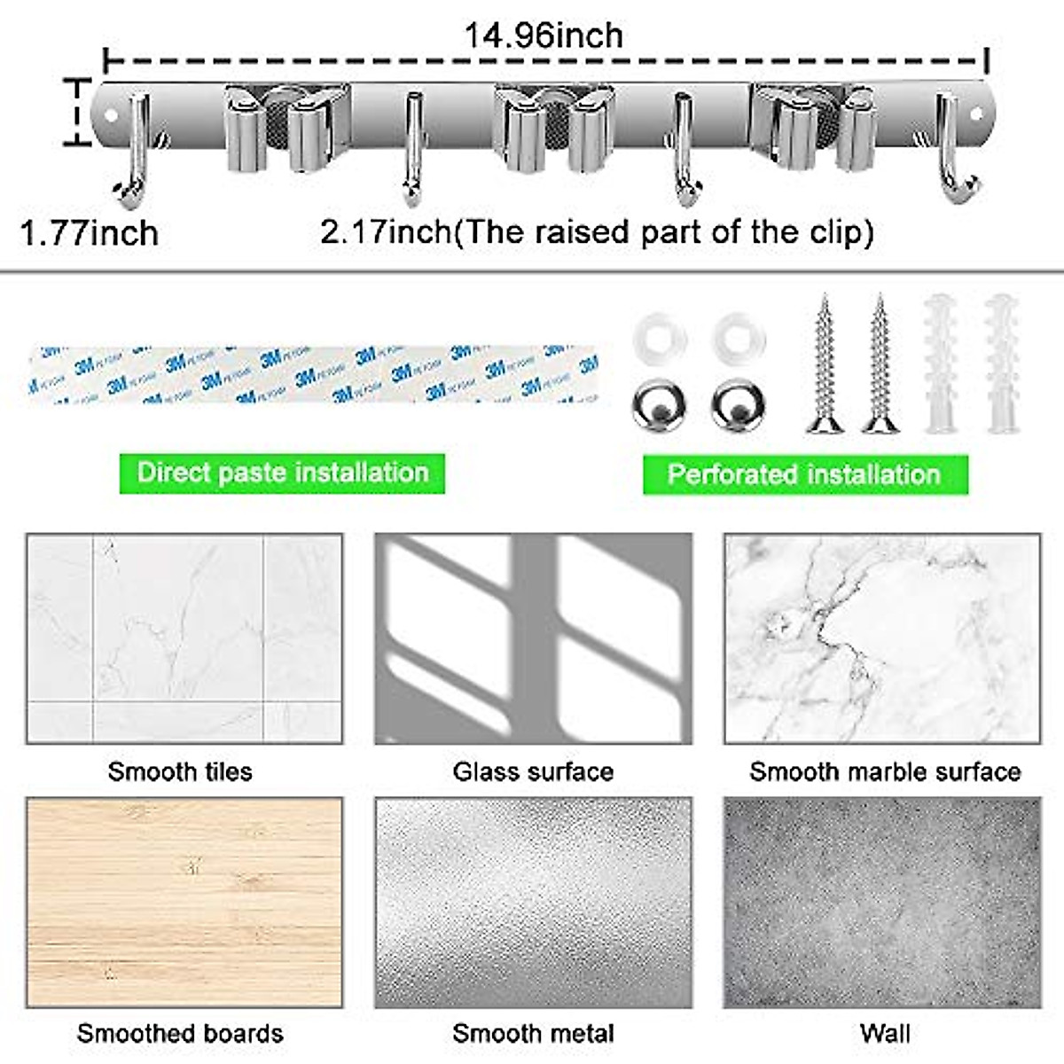 Mop and Broom Holder Wall Mount, SullWaker 3 Position with 4 Hooks Can Hold 7 Tools Stainless Steel Broom Organizer Wall Mount, Storage Hook Suitable for Home, Kitchen, Bathroom, Garage 1 Pack