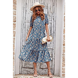 PRETTYGARDEN Women's Summer Casual Boho Dress Floral Print Ruffle Puff Sleeve High Waist Midi Beach Dresses (Blue Apricot,Medium)