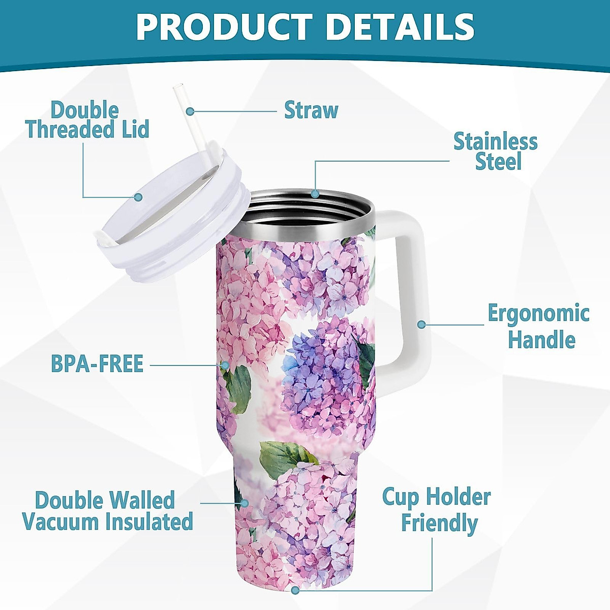 Emelivor Summer Hydrangea 30 oz Tumbler with Lid and Straw Insulated Tumblers with Handle Leak Proof Travel Coffee Mug Water Cup Bottles for Women Men Sports Gym