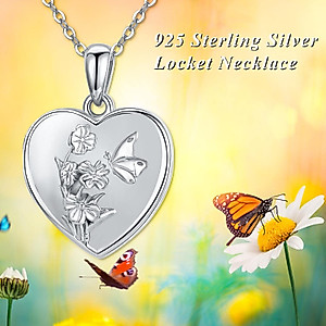 Butterfly Heart Locket Necklace That Hold 2 Photos, 925 Sterling Silver 3D Butterfly with Flowers Blooming Locket Necklace, silver, not known