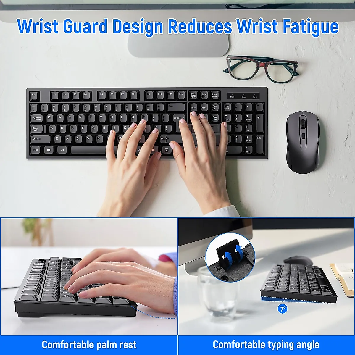 Wireless Keyboard and Mouse Combo-Full Size QWERTY Layout 2.4G Stereo Keycap Ergonomically Designed for Laptop,PC,Notebook,Windows,Computer Wired Numeric keypad,with USB-A&USB-C 2-in-1 Receiver