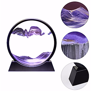 ANXUS Moving Sand Art Picture in Motion Round Glass 3D Deep Sea Sandscape Display Flowing Sand Frame, Sensory Relaxing Desktop Home Office Work Desk Decor(7", Purple)