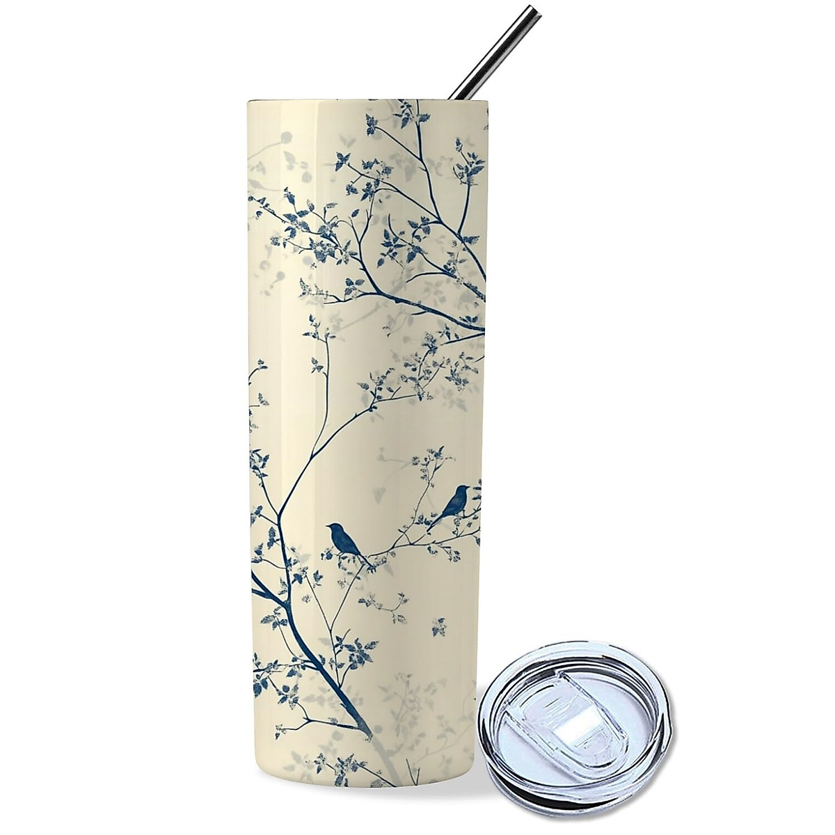 Medpol Flower and bird tumbler with lid and straw 20 oz insulated tumbler cups Minimally printed flower and bird insulated travel coffee mugs for women cute sippy cups stainless insulated travel cups