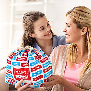 2 Pieces 20×16 inch Large Birthday Drawstring Gift Bag Canvas Gift Bags with Drawstring Printed with Red and Blue Happy Birthday Flags Drawstring Gift Bag for Kids Grandchildren Friends