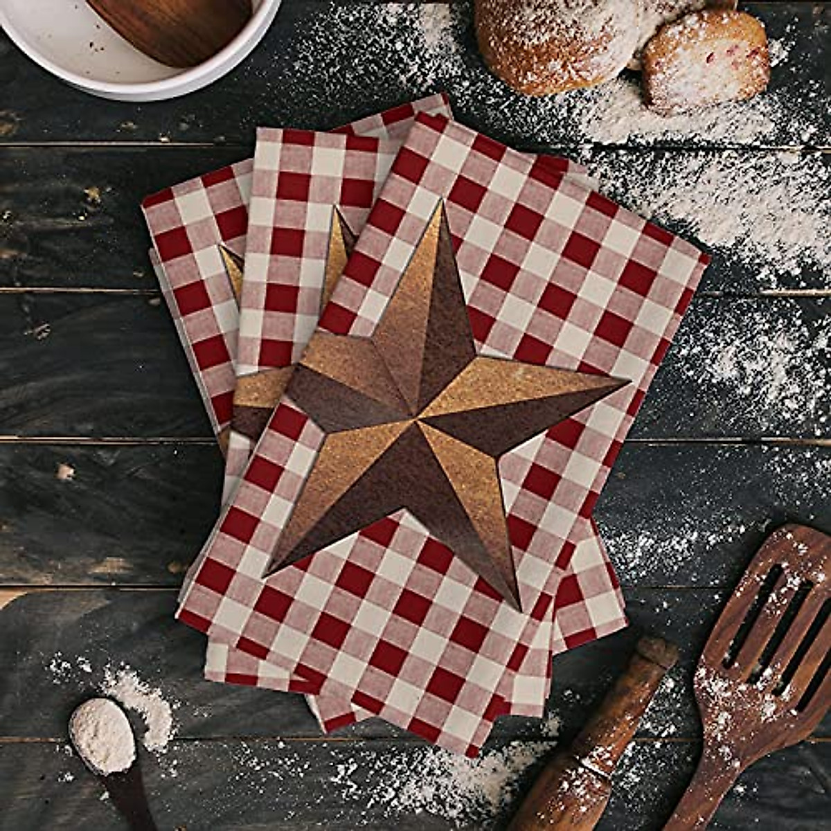 ArneCase Kitchen Towels Super Soft Dish Towels Bless Our Home Western Texas Star with Berries on Retro Red Plaid Heat-Insulation Dish Cloths for Cooking, Cleaning 3PCS-18x28 inch