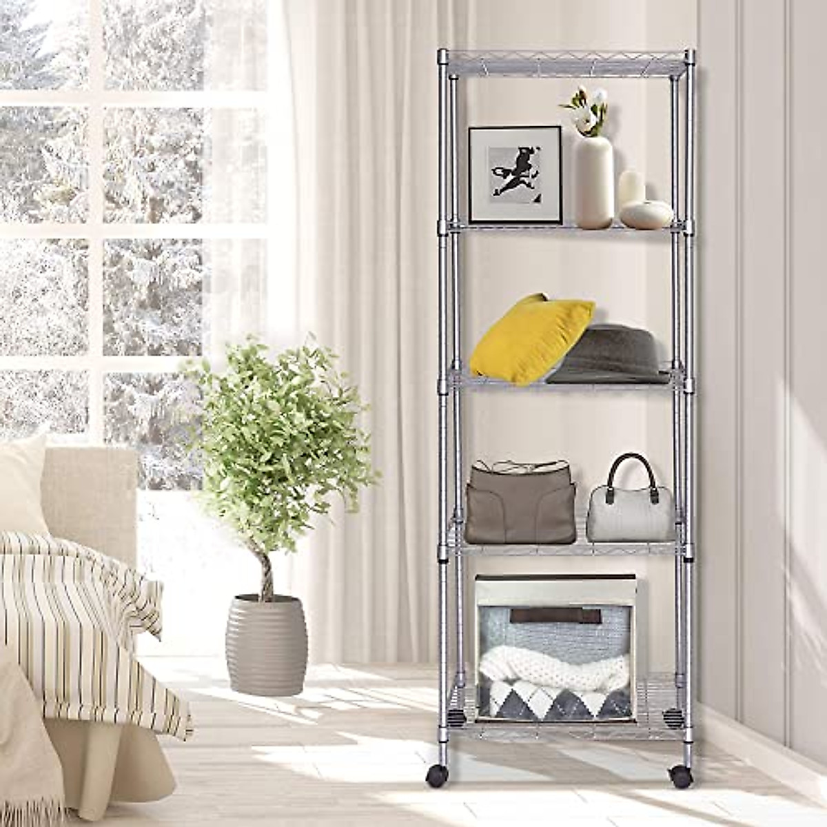 JS HANGER Wire Shelving Unit with Wheels, 5-Tier Heavy Duty Height Adjustable Rolling Metal Shelves for Storage, 550 lbs Capacity, 23.23''W X 13.4''D X 71''H, Silver