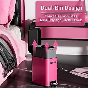 MRBIN Small Metal Bathroom Trash Can with Black Lid, Slim 5L/1.6 Gal Waste Basket for Bedroom, Touchless Garbage Bin with Stainless Steel Pedal for Narrow Kitchen, Office Retro Decor, Berry Pink