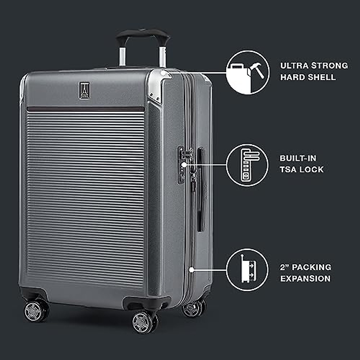 Travelpro Platinum Elite Hardside Expandable Spinner Wheel Luggage TSA Lock Hard Shell Polycarbonate Suitcase, Vintage Grey, Checked Medium 25-Inch