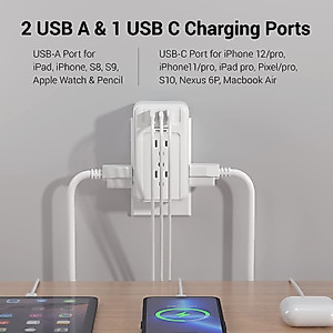 Clear Power Multi Plug Outlet Extender, 6-Outlet Splitter with 3 USB Ports (1x USB-C), 3-Sided Power Strip USB Wall Charger for Home & Office, White, DC3S-1006-DC