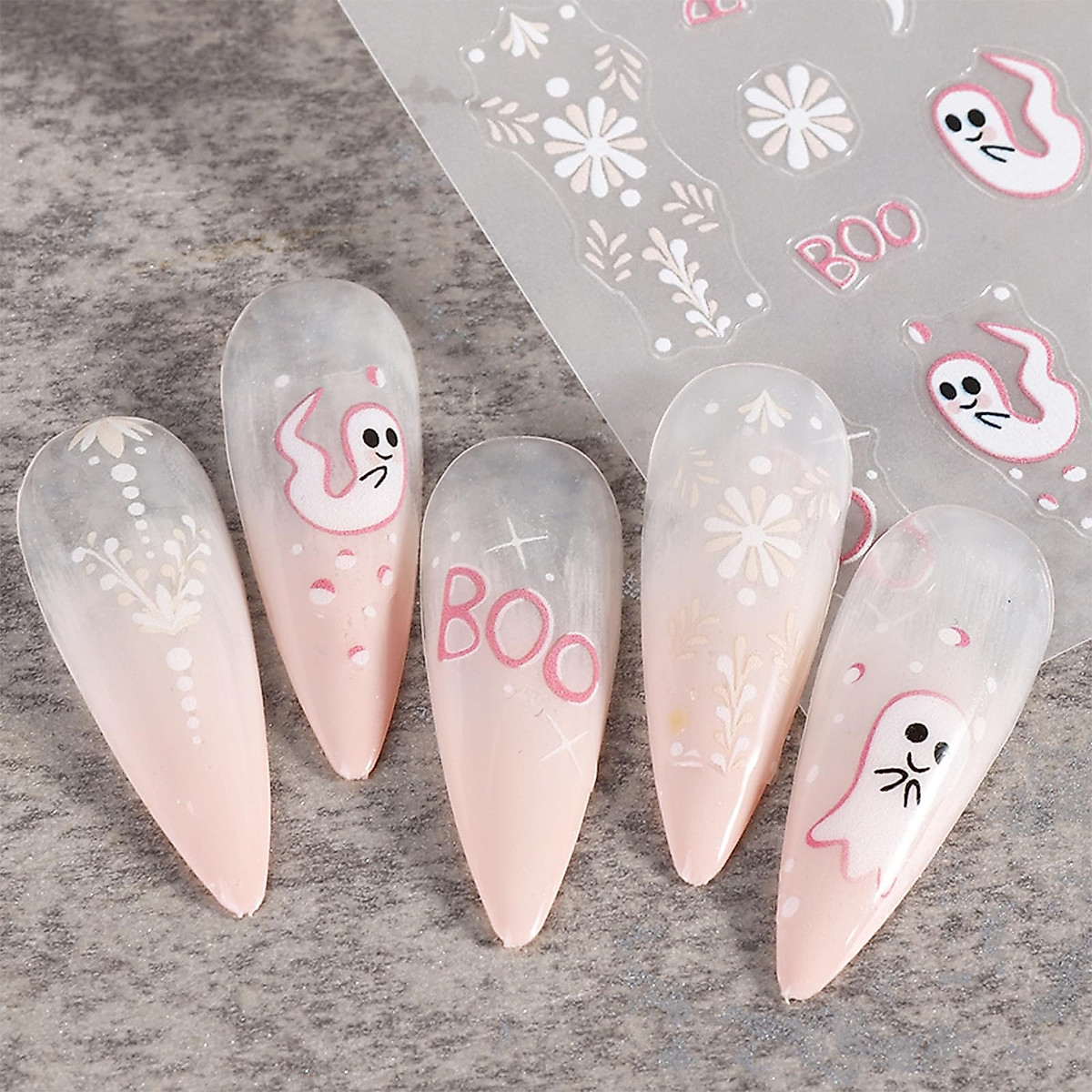 JMEOWIO 6 Sheets Pink Halloween Nail Art Stickers Decals Self-Adhesive Pegatinas Uñas Cute Skull Horror Ghost Witchy Spider Web Bat Spook Nail Supplies Nail Art Design Decoration Accessories