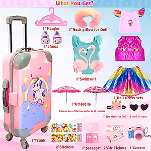 WONDOLL 18-inch-Doll-Clothes and Accessories - Doll-Travel-Suitcase Play Set Including Luggage, 2 Sets of Doll-Clothes and Shoes, Umbrella Sunglasses Camera Travel Pillow Blindfold Passport Tickets