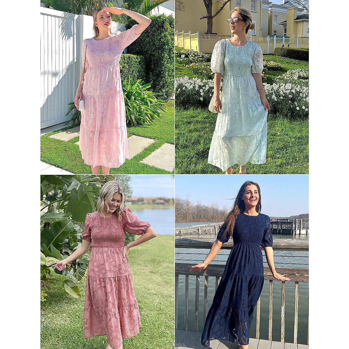 MEROKEETY Women's 2025 Summer Cute Bubble Sleeve Shirred Bohemian Dress Flowy Pleated Midi Long Dresses,Tearose,L