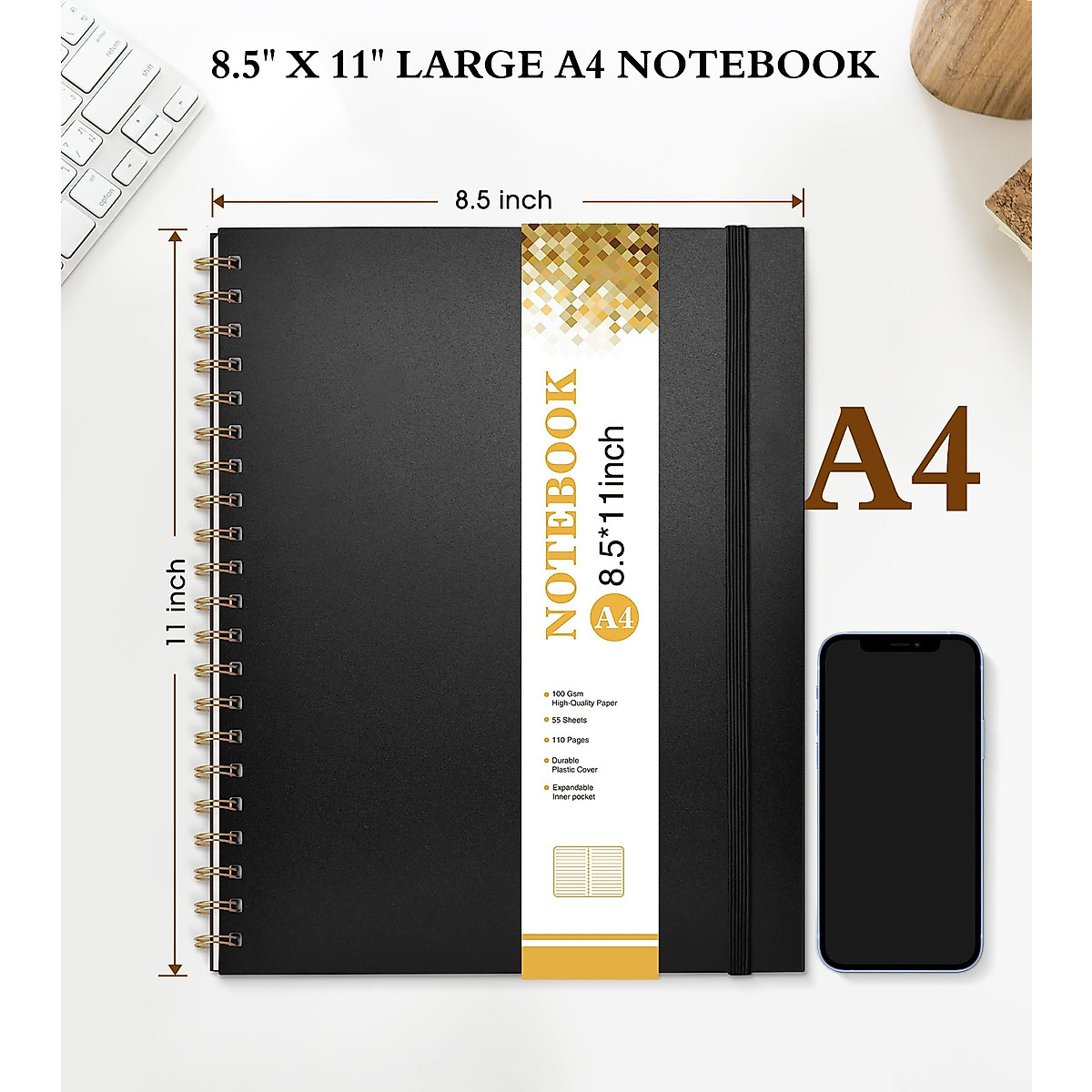 Spiral Notebook Journal 8.5” x 11”, A4 Large Notebooks for Women Men, College Ruled Lined Journal, 100 GSM Paper, Plastic Hardcover Spiral Bound Journals for Work School Note Taking Business, Black