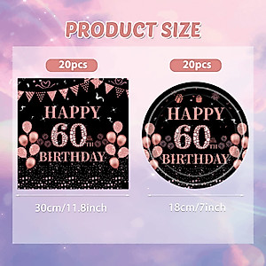 40 Pcs 60th Birthday Party Decorations 60th Birthday Decorations for Women- Black and Rose Gold Pink Happy 60 Birthday Table Toppers Party Supplies Plates and Napkins
