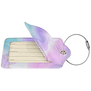 Pink Luggage Tags 2 Pack for Girls Women, Watercolor Light Purple and Cyan Blue Background Leather Suitcase Tags Identifiers, Cute ID and Name Labels with Privacy Covers for Backpack Travel Bag