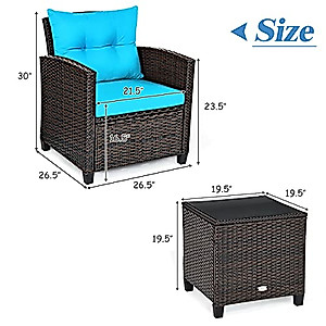 HAPPYGRILL 3-Piece Patio Furniture Set Outdoor Rattan Wicker Bistro Sofa Set Conversation Furniture with Cushion & Table