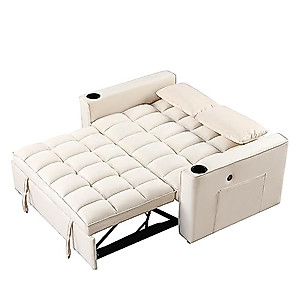 FULife 58" Convertible Sofa Couch with Pull-Out Sleeper,Adjustable Loveseat Armchair Single Bed Chair with Cup Holder,USB Port,Side Pocket&Pillows for Living Room/Apartment/Office/Studio/Small Place