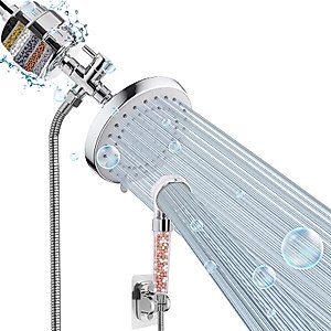 High Pressure 5 Setting Rain Shower Head Combo, HarJue Filter Shower Head, Dual Shower Head Set for Hard Water, Remove Chlorine Fluoride and Harmful Substances, Chrome (With Filter & Handheld)