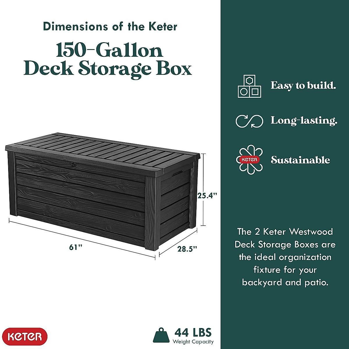 Keter Westwood Outdoor Plastic 150 Gallon Deck Storage Box Organizer for Patio Furniture, Pool Toys and Yard Tools with Bench, Dark Gray, 2 Pack