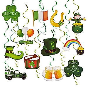 44 Pcs of St. Patrick's Day Hanging Decorations Swirls Shamrock Clover Leprechaun Horseshoe Ceiling Foil Swirls for Home Office Classroom Decor - Saint Patrick's Day Irish Party Supplies