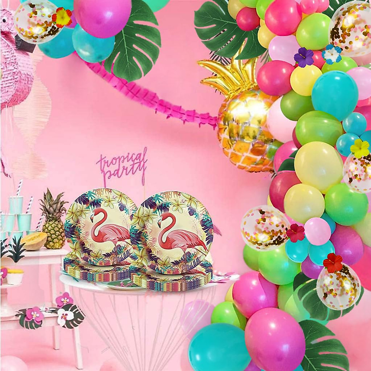 101 pcs Tropical Luau Balloons Arch Kit-Pink Green Yellow Blue Garland Kit with Palm Leaves for Tropical Hawaii Flamingo Moana Aloha Beach Themed Birthday Baby Shower Party Decoration Supplies