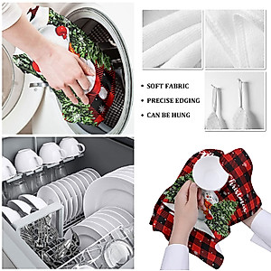 Beisseid Christmas Kitchen Dish Towels Snowman with Xmas Tree Dish Cloth Fingertip Bath Towels Cloth Red Buffalo Plaid Check Hand Drying Soft Cotton Tea Towel Set 18x28in 2PCS