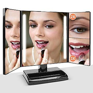 KXA Tri-Fold Makeup Mirror, Light Up Mirror/LED Lighted Make-Up Mirror 2 X 3X Magnifying Illuminated Cosmetic Mirror with LED Lights Desk Free Standing