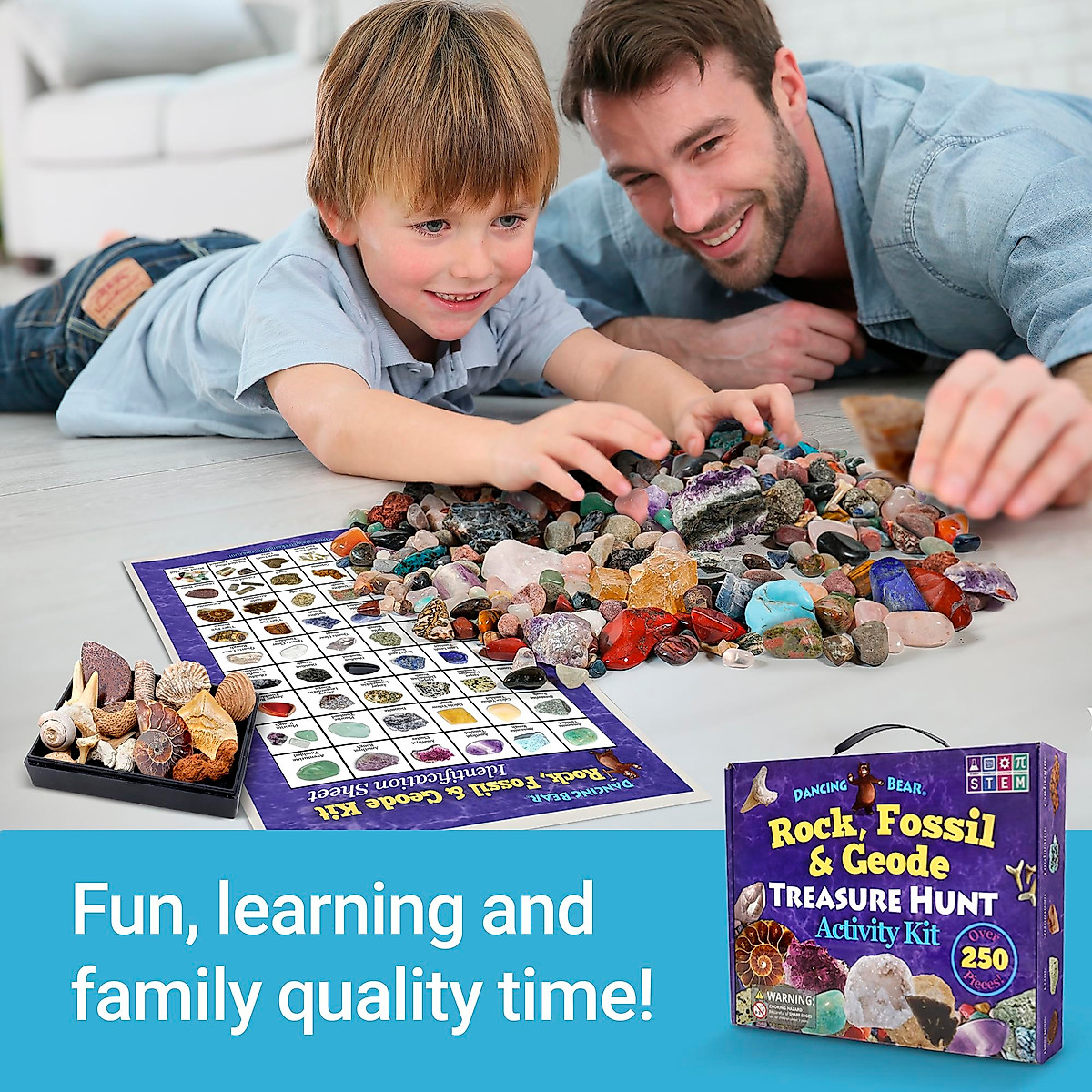 DANCING BEAR Rock, Mineral & Geodes Treasure Hunt Activity Kit (250 Pc Set) Real Shark Teeth Fossils, ID Sheet & Rock Book, STEM