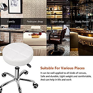 KKTONER Round Rolling Stool Chair PU Leather Height Adjustable Shop Stool Swivel Drafting Work SPA Salon Stools with Wheels Office Chair (White)