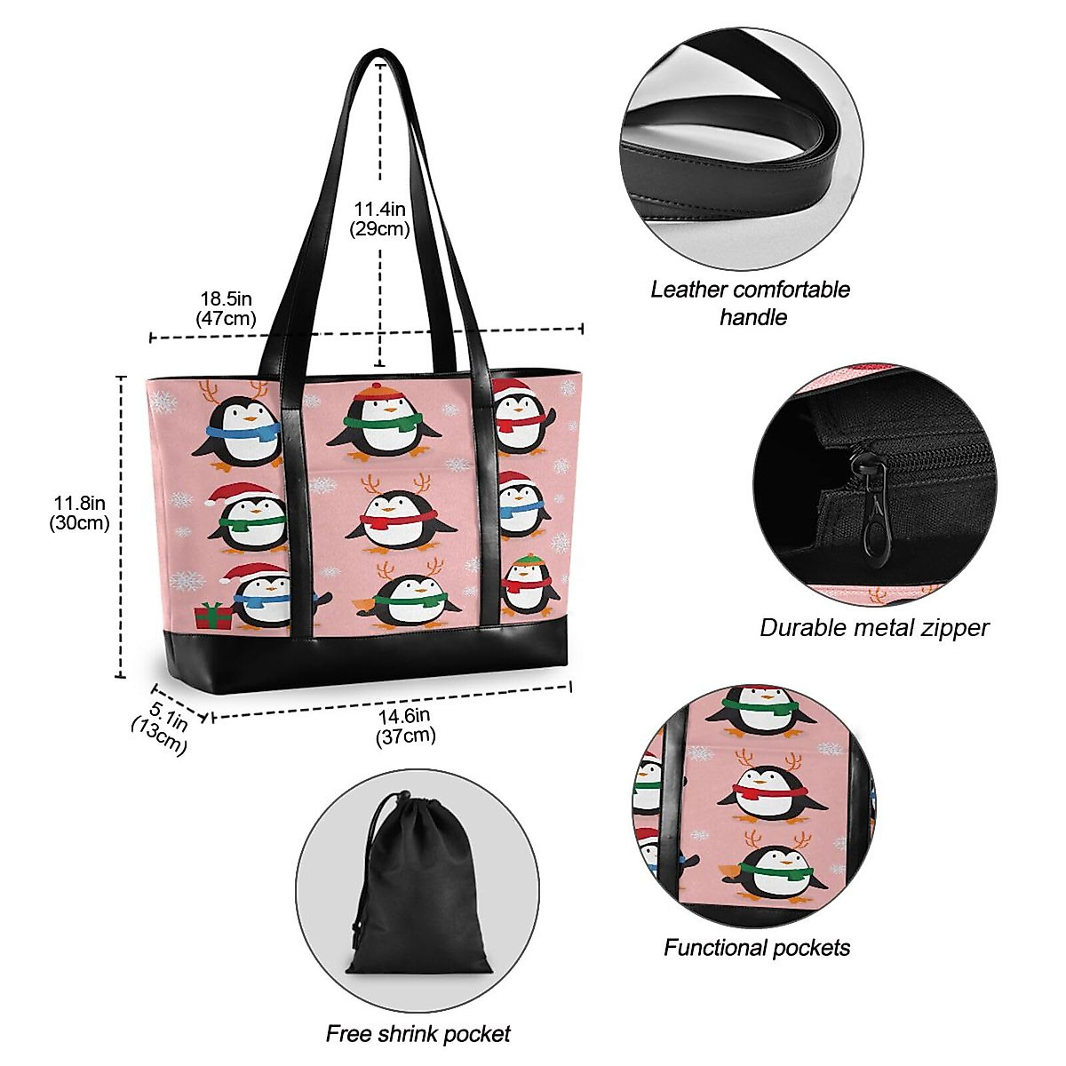 Penguins Laptop Tote Bag for Women Canvas Teacher Tote Bags Travel Work Bag Handbags Purse with Fashion Zipper