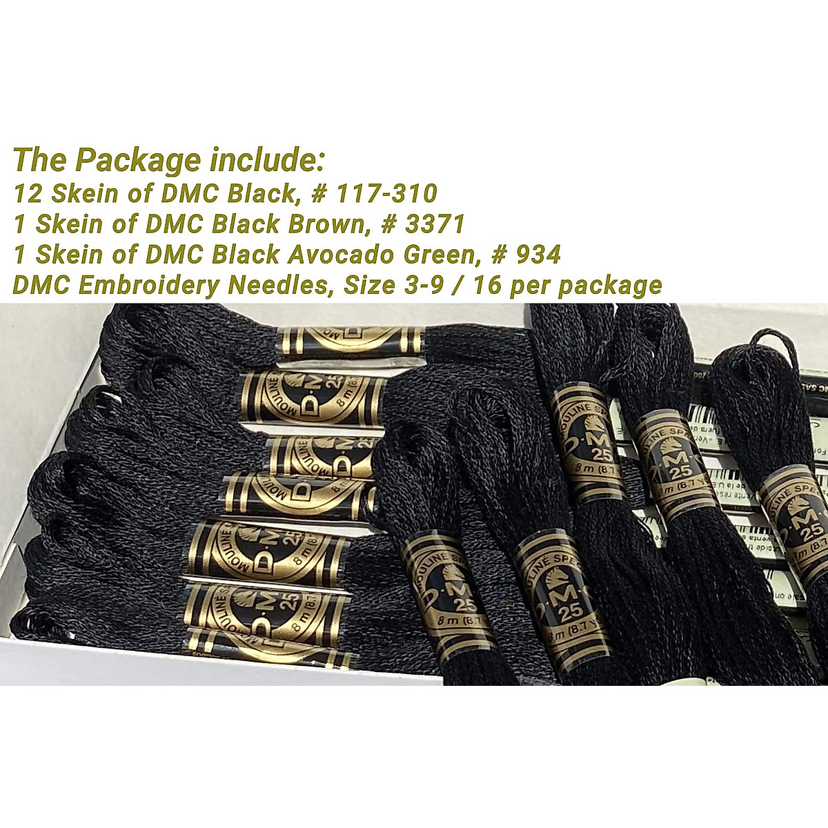 Charming Melodie Black Embroidery Floss, 6 Strand Cotton Yarn, 12/Pack, Includes Black-Brown #3371, Hand Needles, Cross Stitch