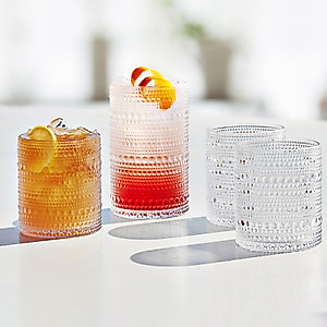 FULGNU Hobnail Drinking Glasses Set of 12, 11.8 oz Vintage Glasses Drinking Set & 10 oz Cocktail Glasses Set, Embossed Glass Cups for Kitchen, Beer, Juice, Cocktail, Whiskey, Milk